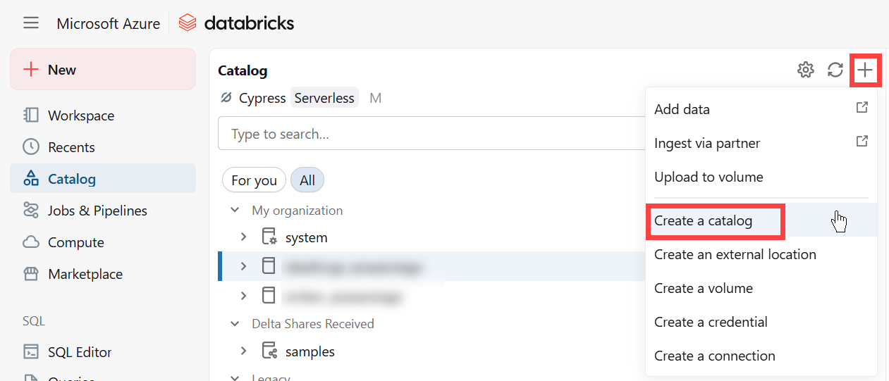 (Azure Workspaces) Creating "dataforge" unity catalog – DataForge