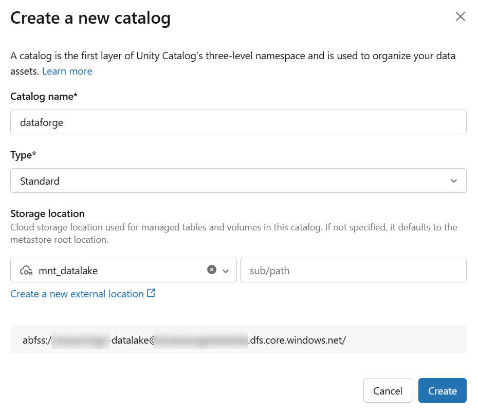 (Azure Workspaces) Creating "dataforge" unity catalog – DataForge